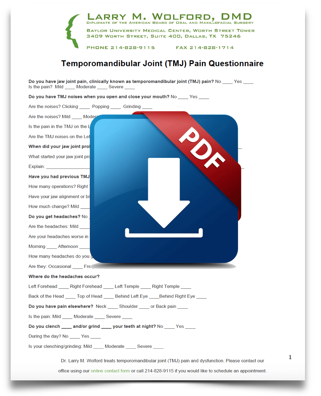 TMJ pain questionnaire download pdf - Larry M. Wolford, DMD